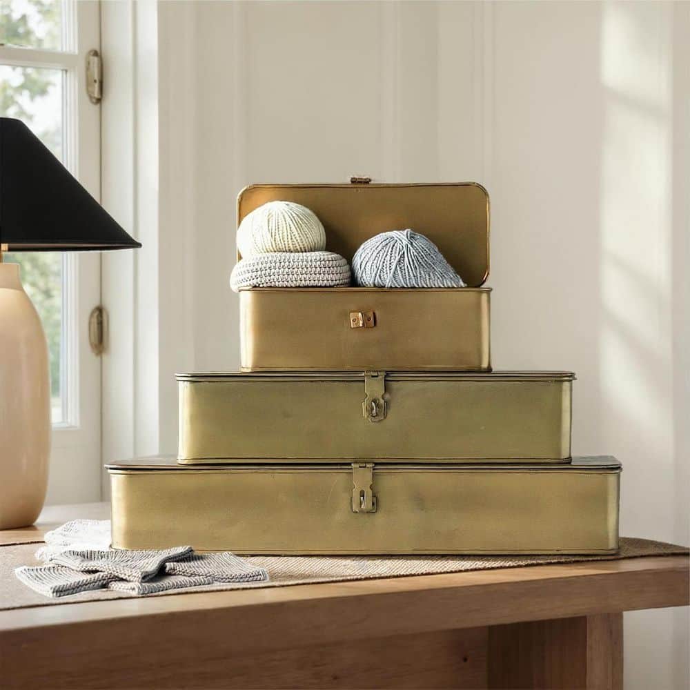 Gold 21 in. x 4 in. Metal Decorative Metal Boxes with Finish Set of 3 ...