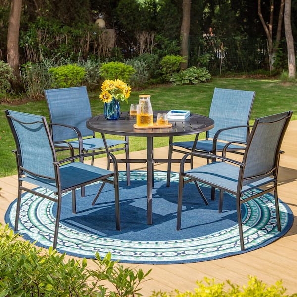 PHI VILLA Black 5-Piece Metal Slat Round Table Patio Outdoor Dining Set ...