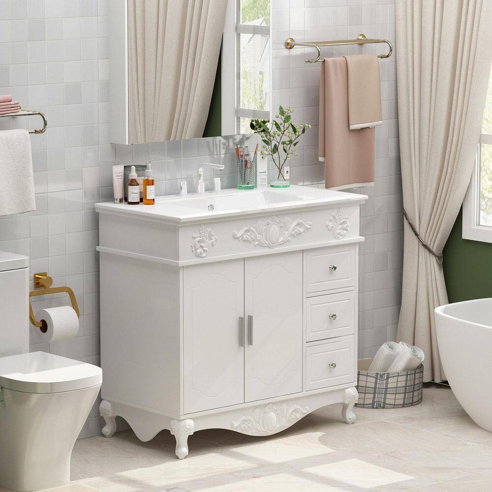 FUFU&GAGA 35.4 in. W x 19.1 in. D White Ceramic Vanity Top Bath Vanity ...