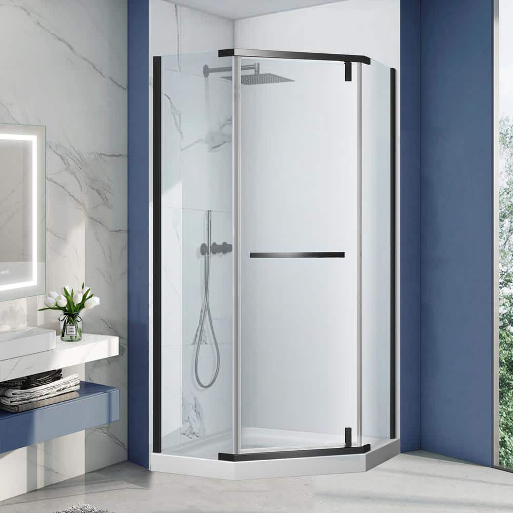 Lonni 36 in. W x 72 in. H Neo Angle Pivot Semi Frameless Corner Shower Enclosure in Matte Black ...