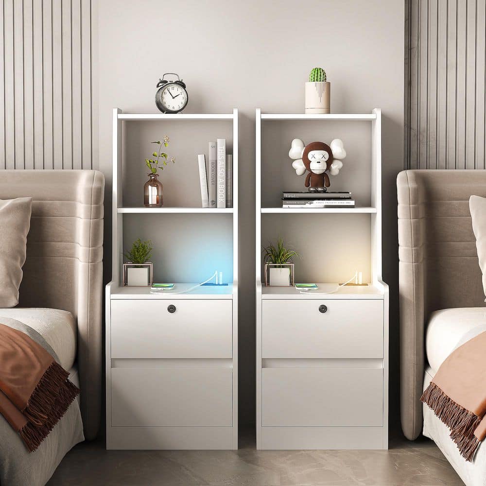 White 2 Drawer Wood Nightstands Set of 2 with Charging Station Smart ...