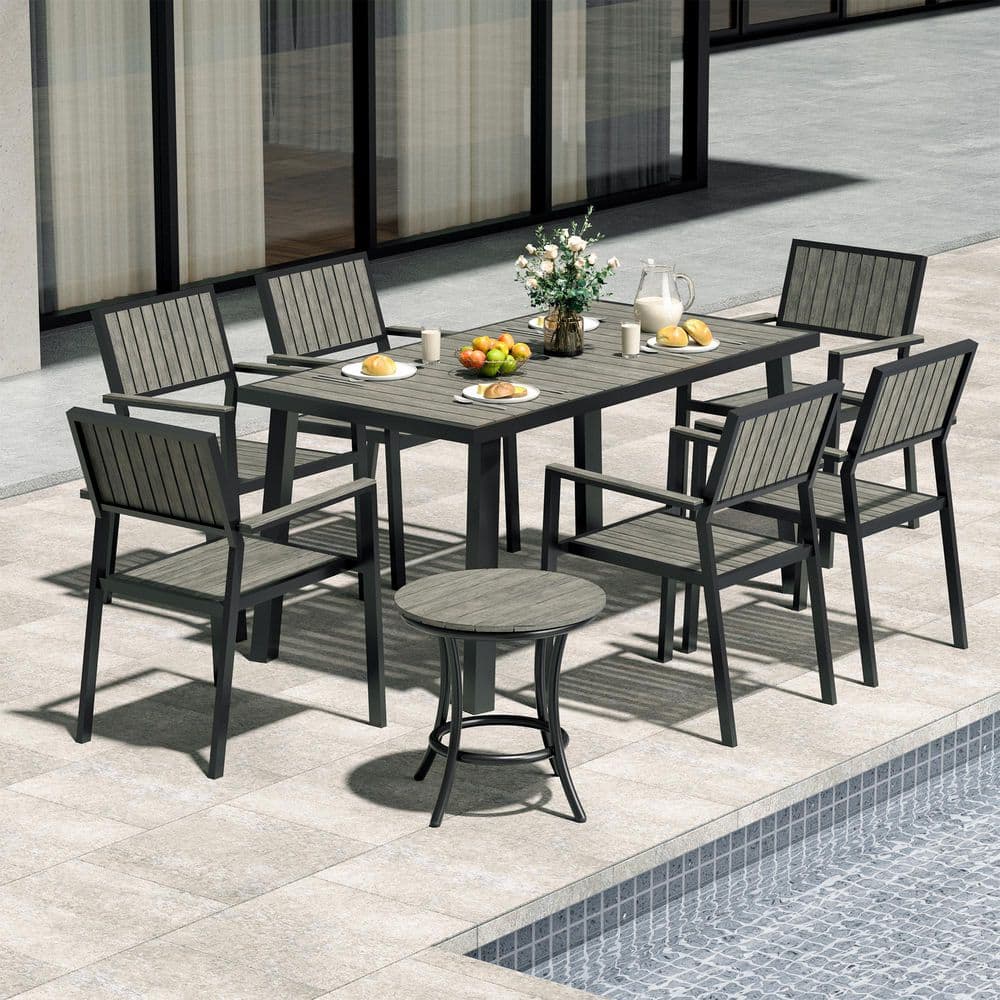 PamaPic 8-Piece Aluminum Gray Outdoor Patio Dining Set with Rectangle ...