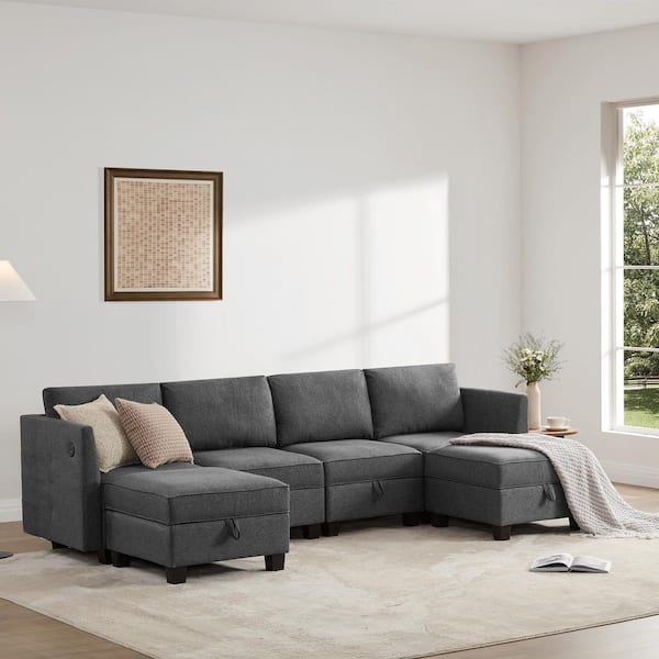Spruce & Spring Dante 112 in. 6 PC Square Arm Fabric Sectional Sofa in. Gray with Storage Space ...