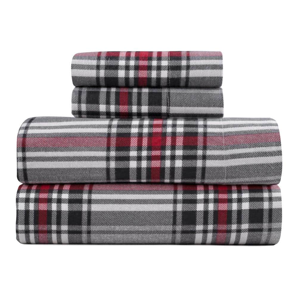 Kathy Ireland 4-Piece Crimson Check 100% Turkish Cotton Flannel Queen ...