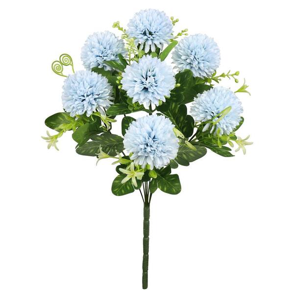 LIVING LUXURY 16 in. Light Blue Artificial Pom Mum Flower Stem Bush ...