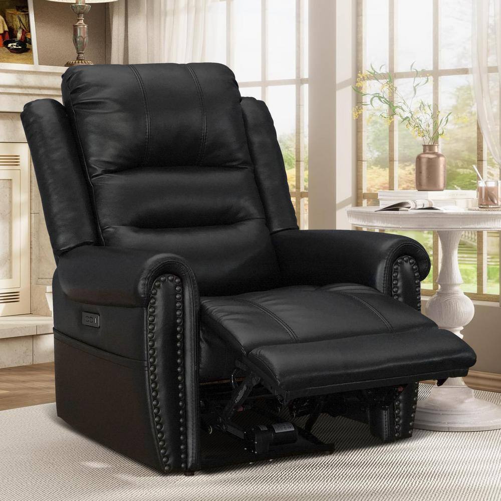LY & S Collection 35.25 in. W Black Genuine leather Power Recliner with ...