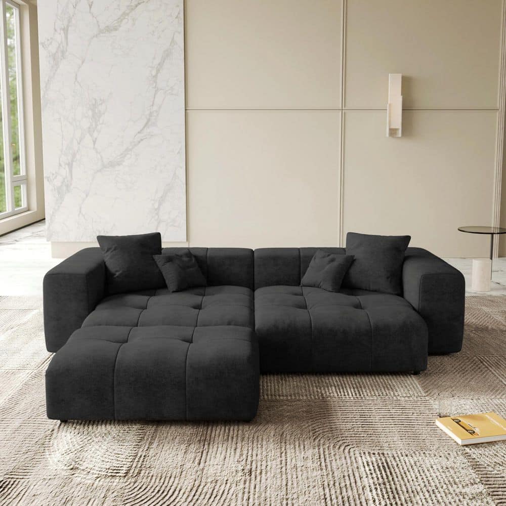 Magic Home 105 in. Black Upholstery Linen Square Arm Chaise Lounge ...