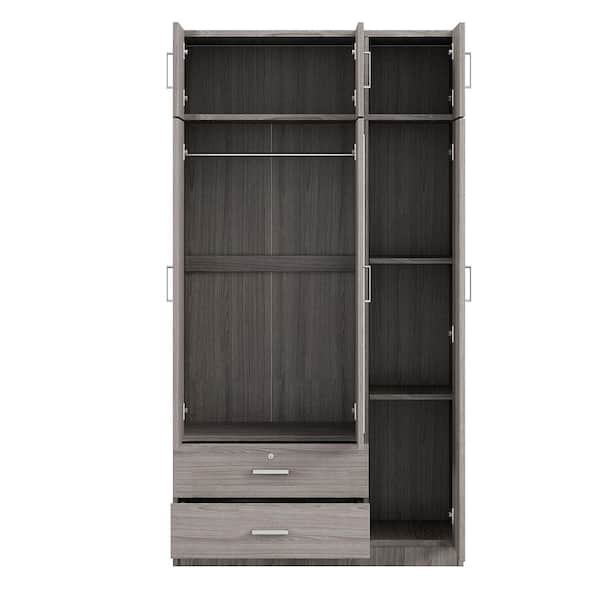 Gray 41.3 in. 3 Door Wooden Wardrobe Armoire with Mirror 2 Drawers Shelves A Hanging Rod Top Cabinet