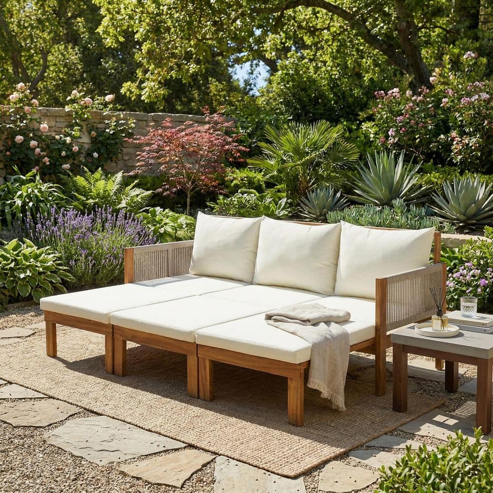 Ama pear Acacia Wood Outdoor Sectional Daybed Patio Sofa Bed with Pull ...