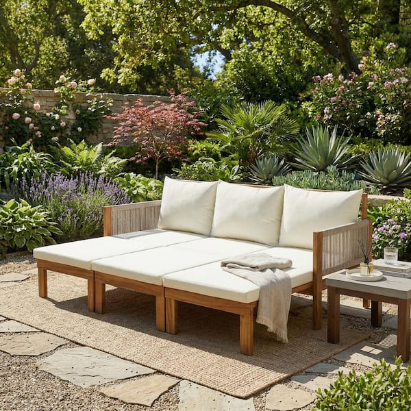 Ama pear Acacia Wood Outdoor Sectional Daybed Patio Sofa Bed with Pull ...