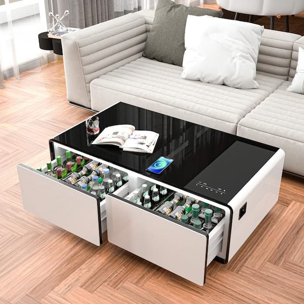 Adrinfly Coffee Table Fridge 27 in. 25 cu. ft. Retro Mini Refrigerator in White Black Bluetooth Speaker Wireless Charging SNSA11 4IN041