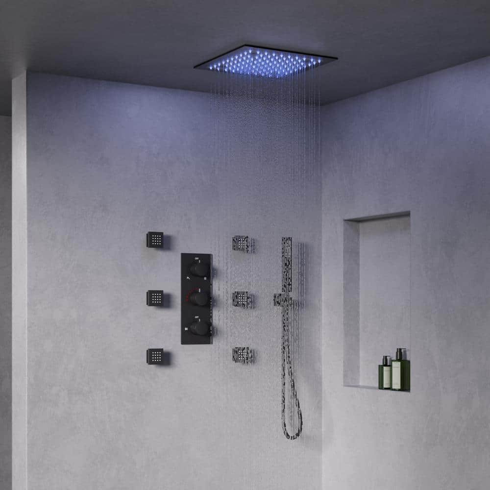 GRANDJOY RGB LED 5-Spray Ceiling Mount 12 in. Fixed and Handheld Shower ...