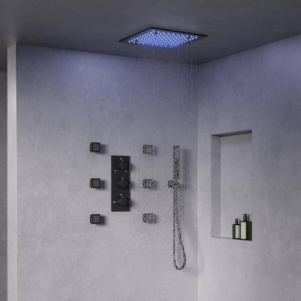 GRANDJOY RGB LED 5-Spray Ceiling Mount 12 in. Fixed and Handheld Shower ...