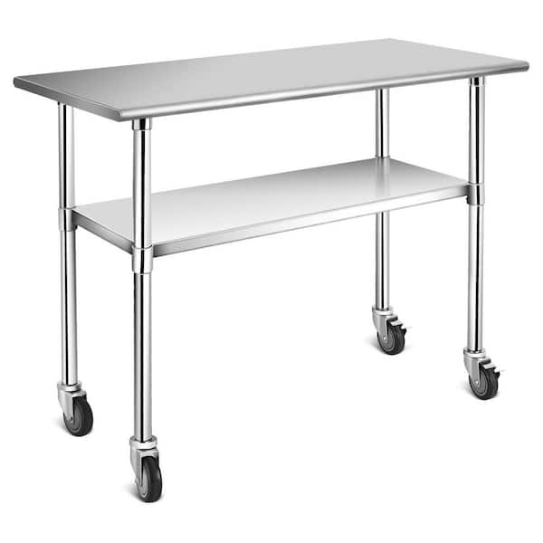 Bunpeony 48 in. Stainless Steel Kitchen Utility Table with Wheels ...