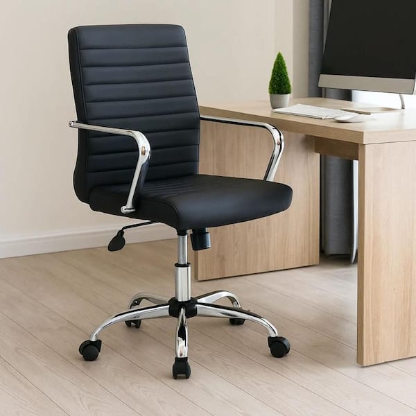 Benjara Vinyl Swivel Task Chair in Black and Chrome Arms BM344569 - The ...