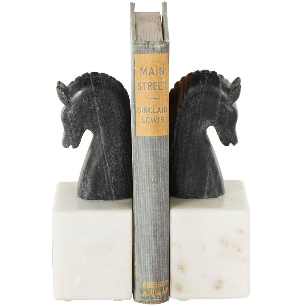 Litton Lane Black Marble Distressed Horse Bookends with White Block ...