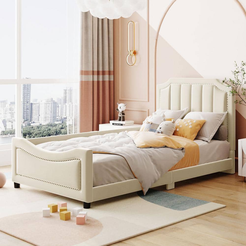 Harper And Bright Designs Beige Wood Frame Twin Size Velvet Upholstered