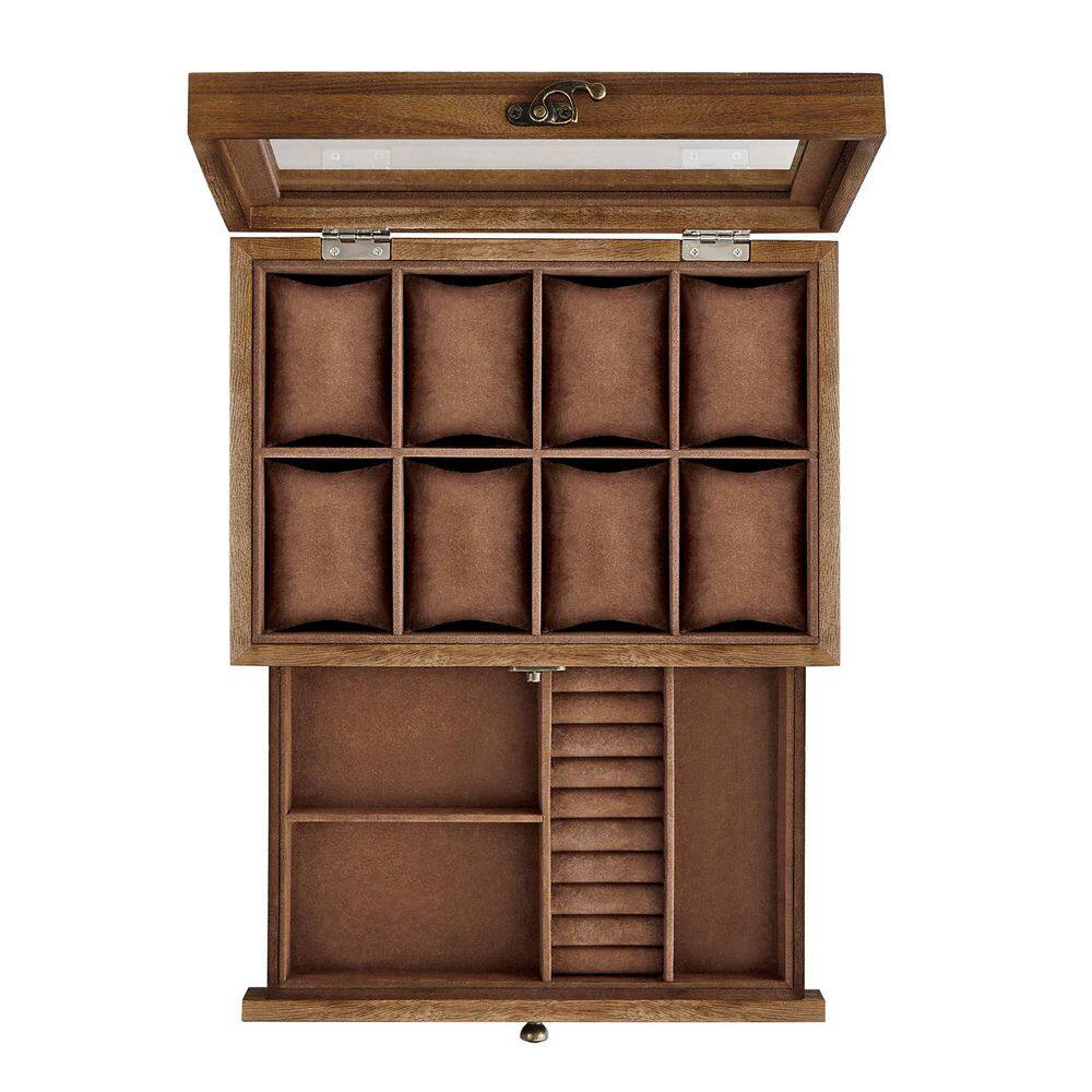 Rustic Walnut Wood 8-Slot Watch Box with Glass Top and Removable Watch ...