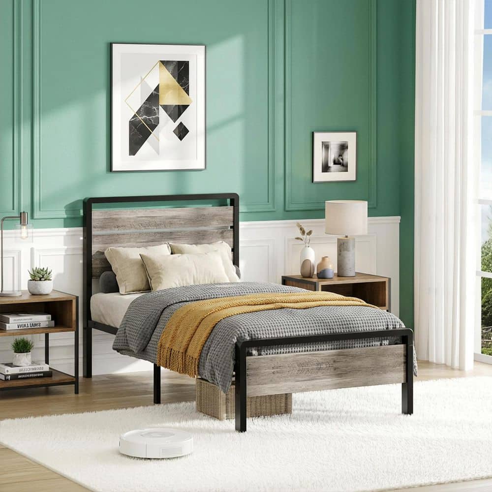 Karl home Gray Metal Frame Twin Platform Bed with LED Lighting USB Port ...