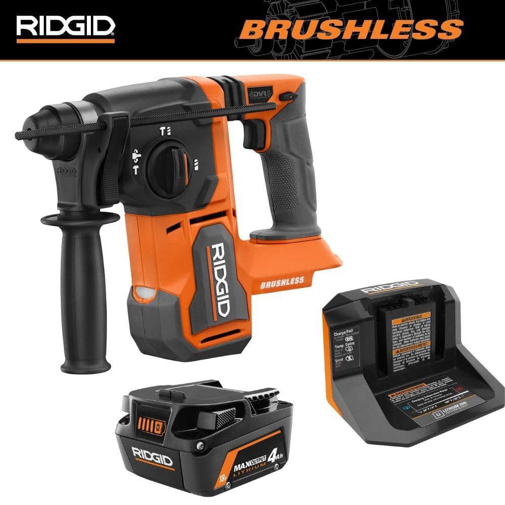 RIDGID 18V Brushless 1 in. SDS-Plus Rotary Hammer Kit with (1) 4.0Ah ...