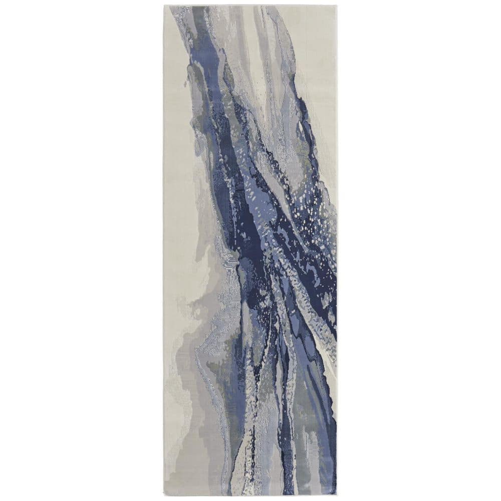 HomeRoots 2 ft. x 8 ft. Blue and Gray and Ivory Abstract Area Rug ...