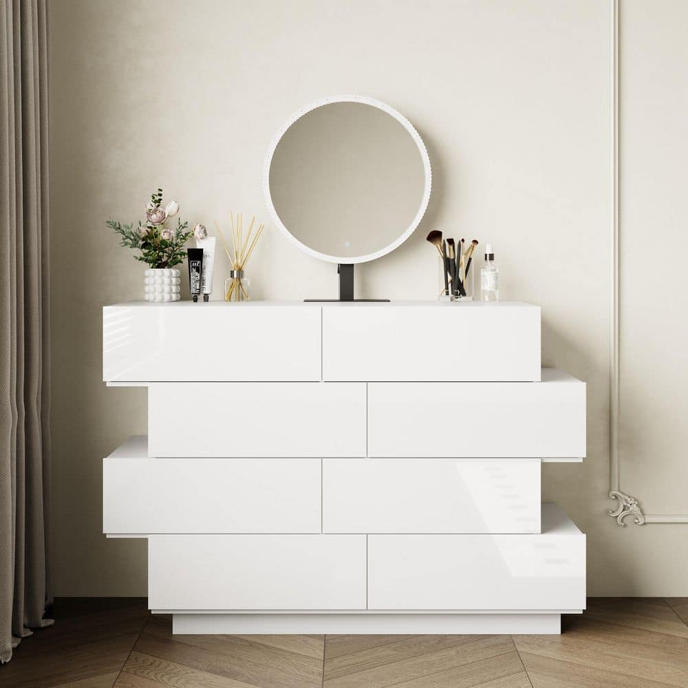 FUFU&GAGA White 8 Drawer 50 in. Wide Dresser with Mirror, Anti-Tip ...