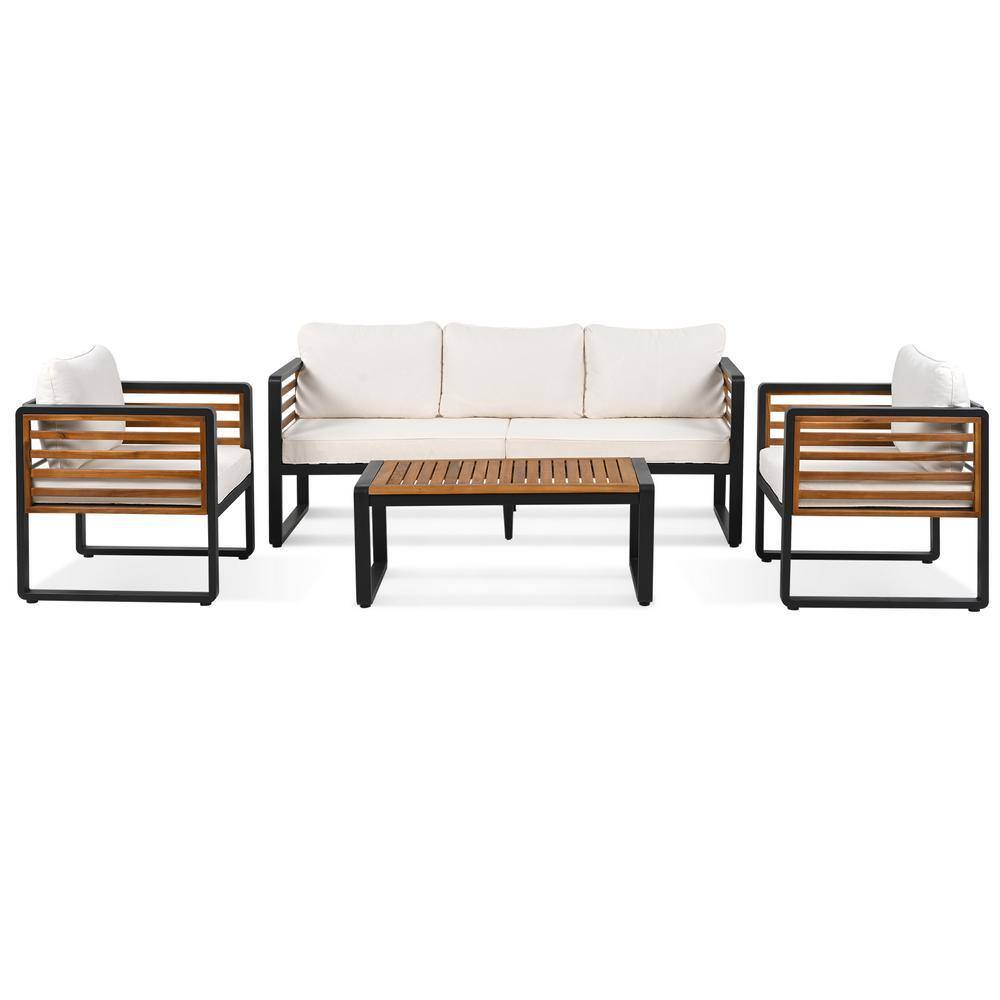 Sudzendf 4-Piece Metal and Wood Frame Patio Conversation Set with Beige ...