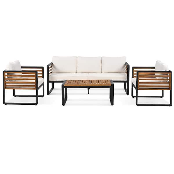 Sudzendf 4-Piece Metal and Wood Frame Patio Conversation Set with Beige ...
