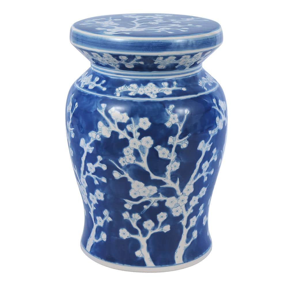 JONATHAN Y Cherry Blossom 17.75 in. Ceramic Garden Stool, Blue/White ...