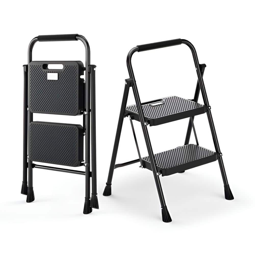 2-Step Metal Step Stool, Portable Folding Step Ladder with Anti-Slip ...