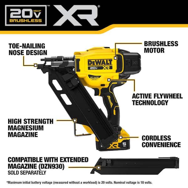 DEWALT 20-Volt 30° Cordless Framing Nailer Kit with 5.0 Ah Lithium-Ion Battery and Charger ...