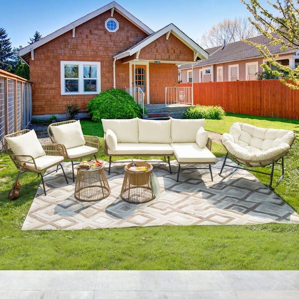 FINCATI 7-Piece Boho Wicker Outdoor Lounge Chair Patio Conversation ...