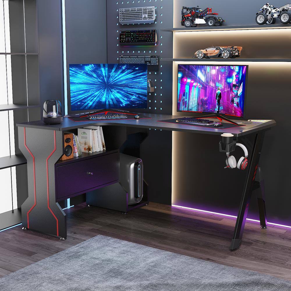 FUFU&GAGA 55.1 in. W Black L-Shaped Wood Computer Gaming Desk Office ...