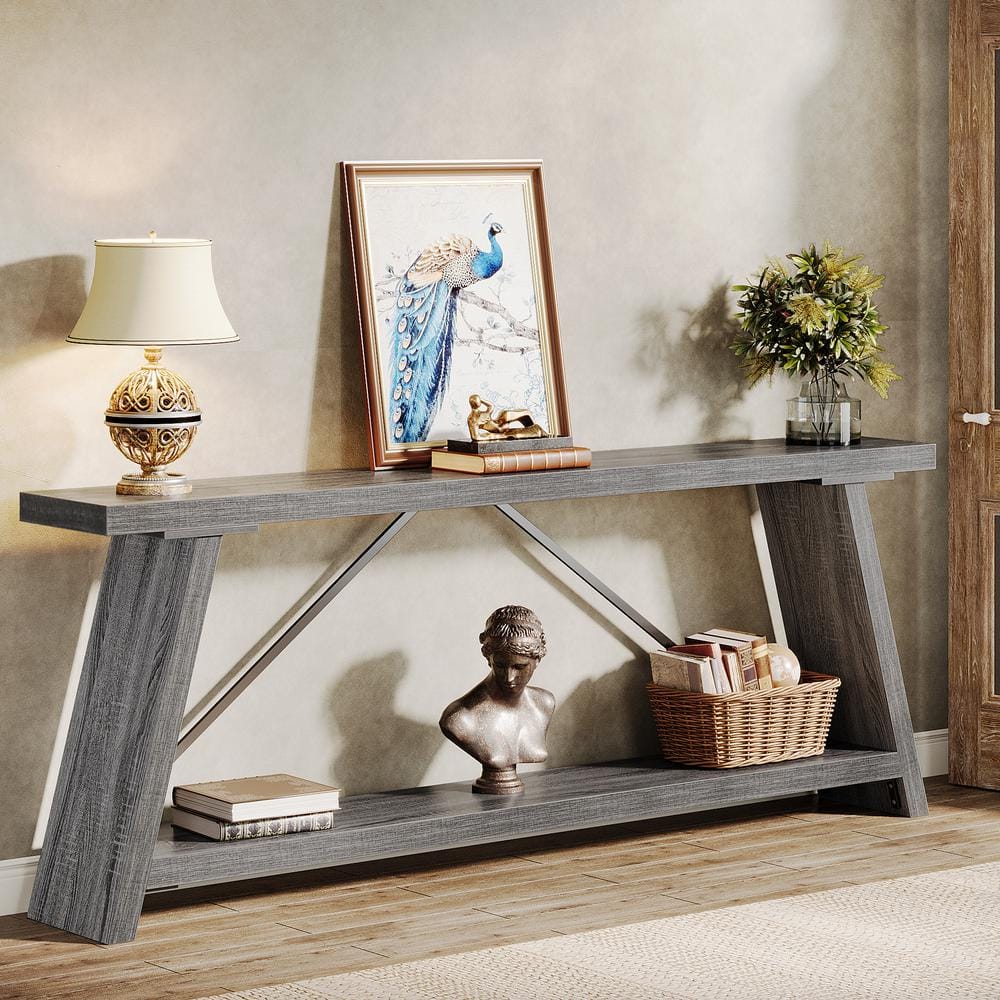BYBLIGHT 70.9 in. Gray Rectangle Engineered Wood Console Table with ...