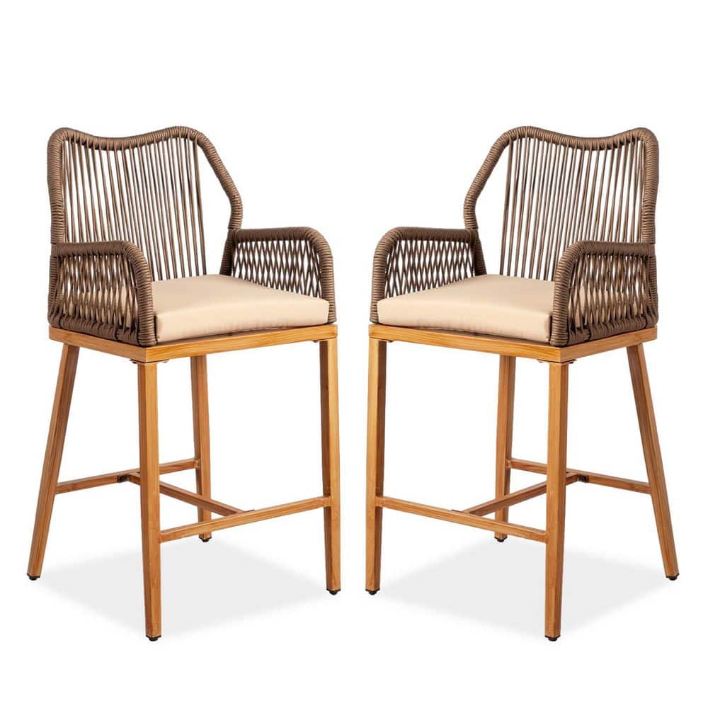 VINGLI Metal Outdoor Bar Stool with Beige Cushion, Modern Counter ...
