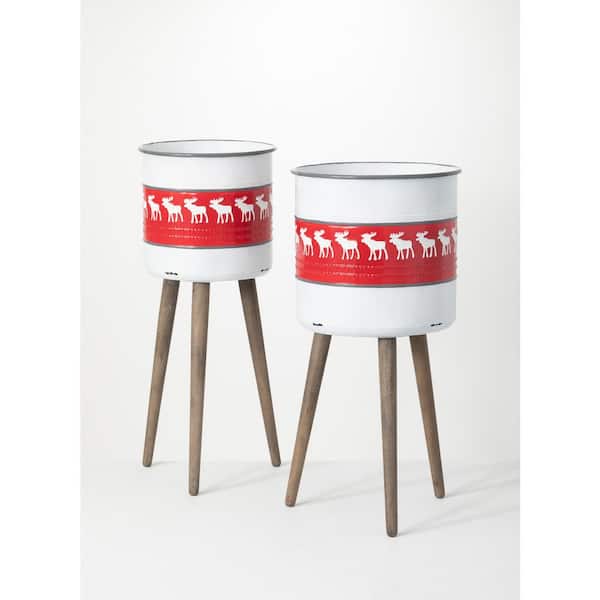 SULLIVANS 26.5" Red & White Metal Reindeer Planter Stand (Set of 2) MET1741 - The Home Depot
