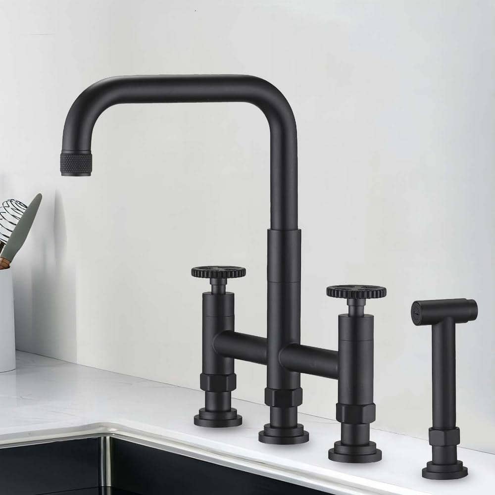 UPIKER Double-Handle Bridge Kitchen Faucet with Side Spray in Matte ...