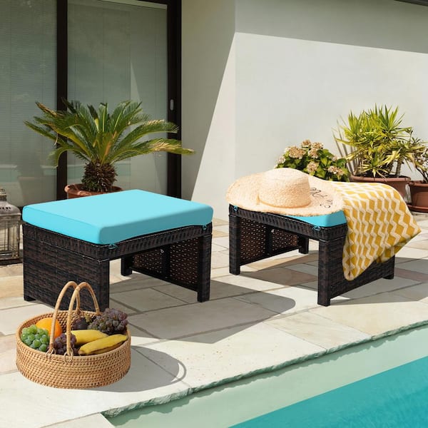 WELLFOR 2-Piece Wicker Outdoor Rattan Ottoman with Turquoise Cushion (2 ...