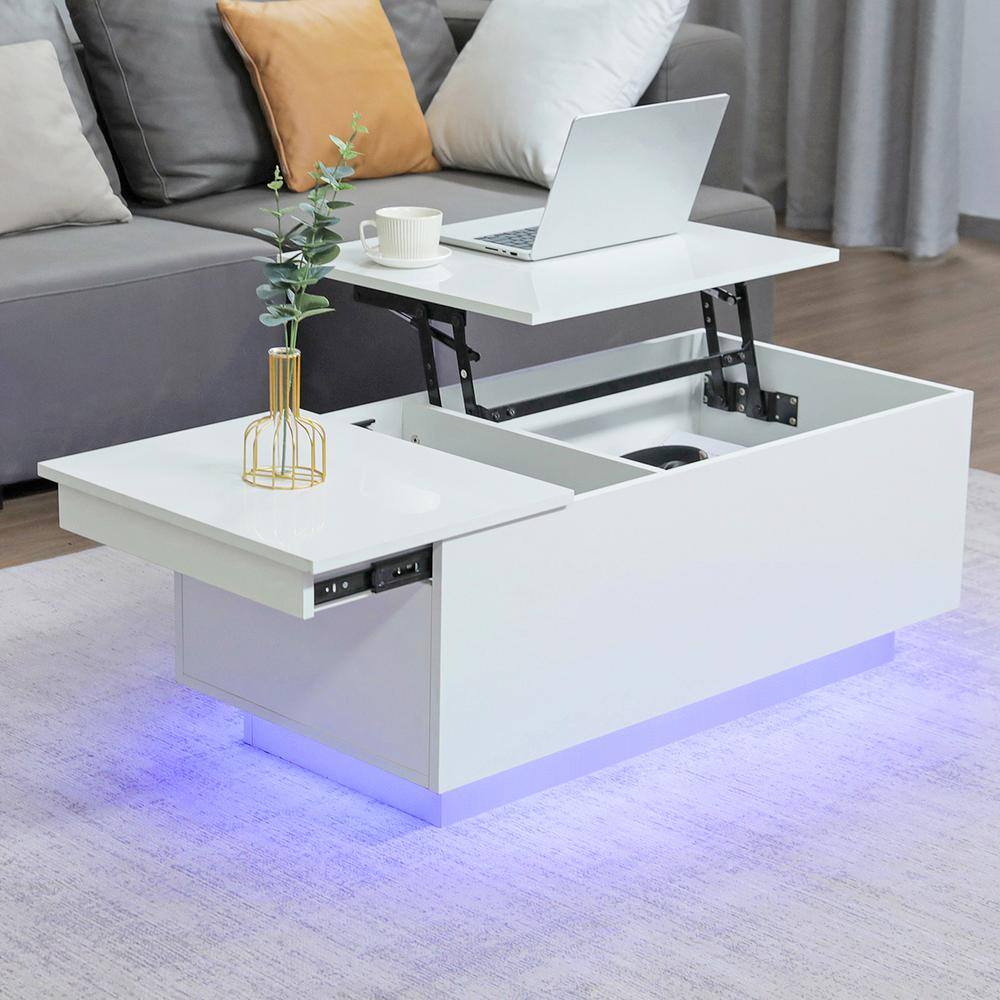 Hommpa 39.37 in. White Rectangle MDF LED Lift Top Coffee Table with Hidden Compartment with Charging Sockets and USB Ports SKUJ21589 The Home Depot