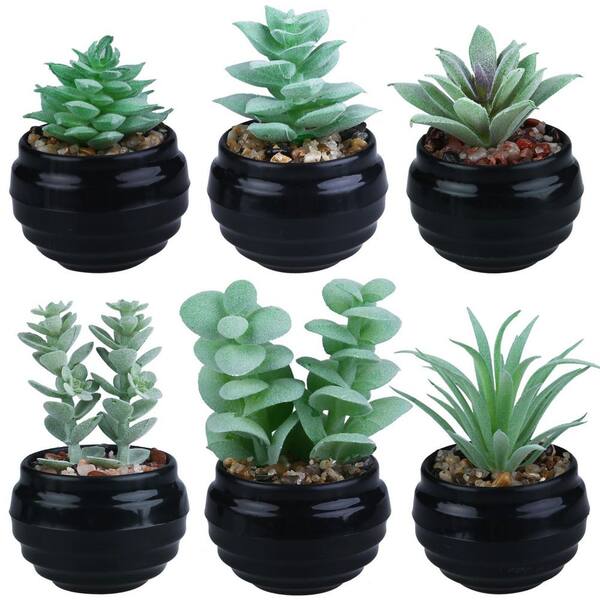 6-Pieces 3.5 in. Green Artificial Succulent Plants Mini Black Plastic ...