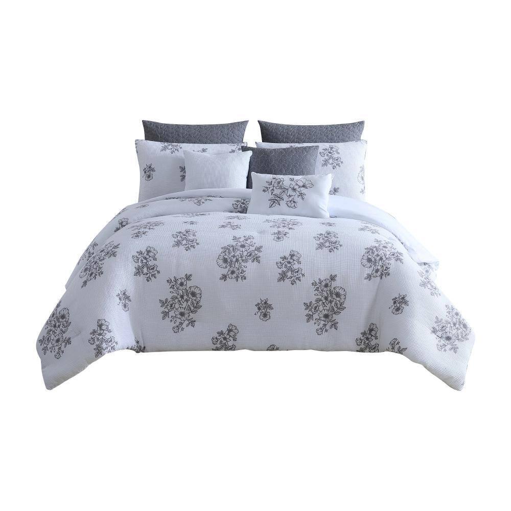 THE URBAN PORT Kuri 8- Piece White and Gray Floral Microfiber Queen ...