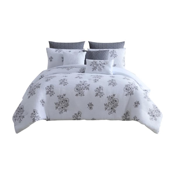 THE URBAN PORT Kuri 8- Piece White and Gray Floral Microfiber Queen ...