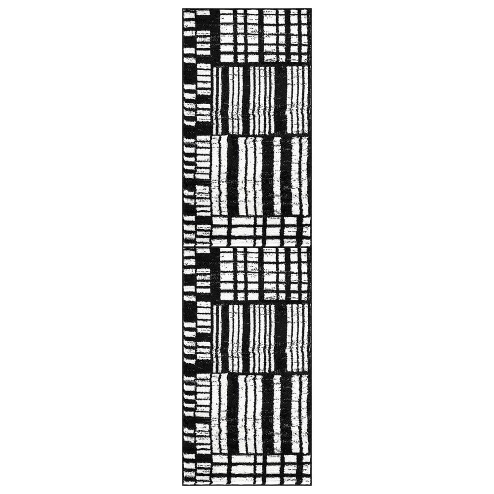 World Rug Gallery Geometric Blocks Black 2 ft. 3 in. x 12 ft. Runner ...