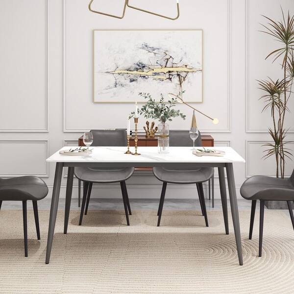 Magic Home 55 in. White Sintered Stone with Gray Metal 4 Legs Dining ...