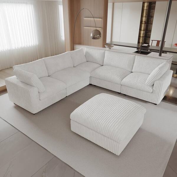 J E Home Oversized 118.11 in. W Square Arm Rabbit Velvet Plush Modular Sofa in. Beige with Removable Ottoman JE 141BEZ 1