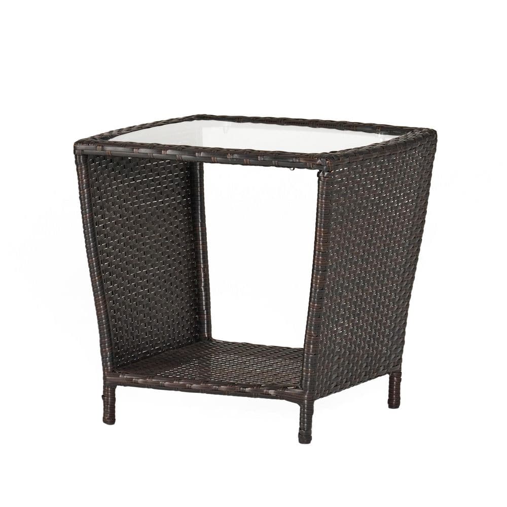 Brown Synthetic Wicker Outdoor Side Table with Glass Top-Trapezoidal ...