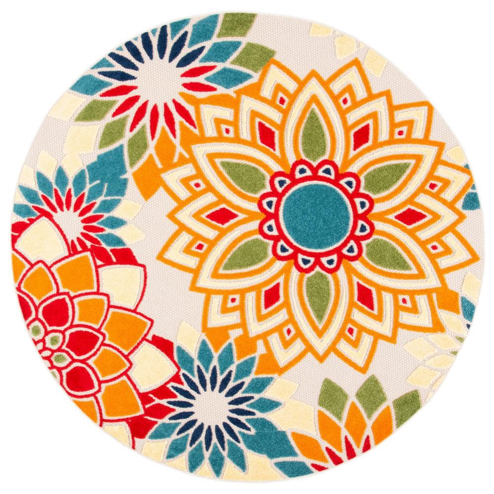SAFAVIEH Cabana Ivory/Orange 5 ft. x 5 ft. Round Retro Floral Indoor ...