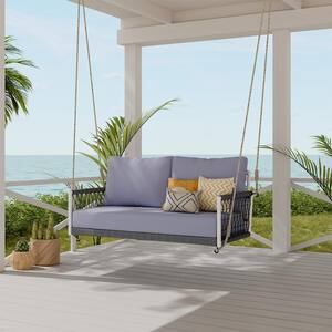 Beige Wicker Porch Swing Woven Rope Outdoor Swing Sofa with Cushions ...