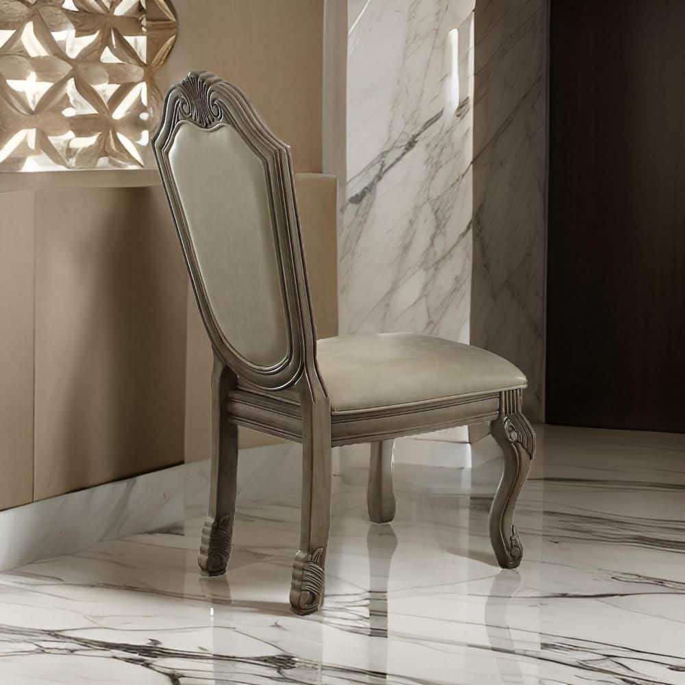 Benjara White and Gray Faux Leather Welt Trim Dining Chair (Set of 2 ...