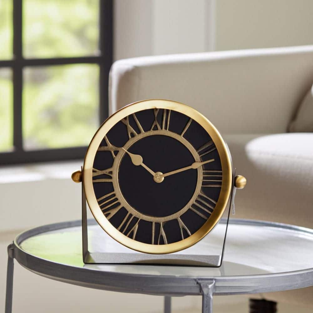 Liv & Skye Gold Black Metal 6.75 in. H Exposed Frame Stand Table Clock ...